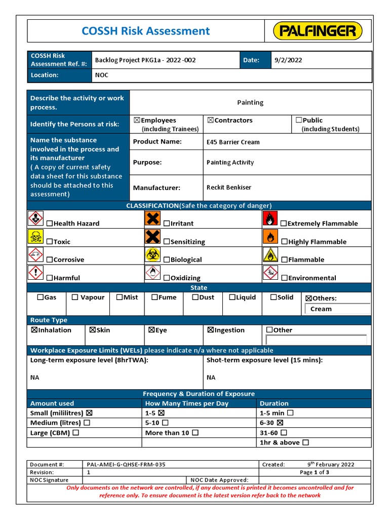 Cossh Risk Assessment - E45 Barrier Cream | PDF | Workplace | Working Conditions