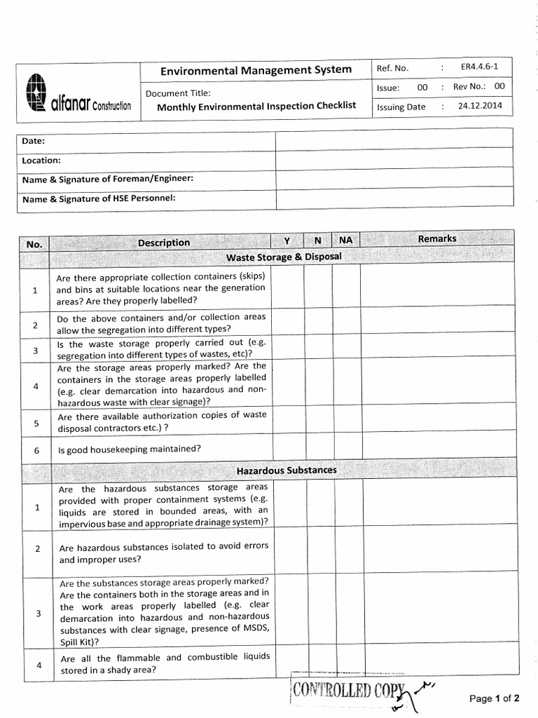 Monthly Environmental Inspection | PDF