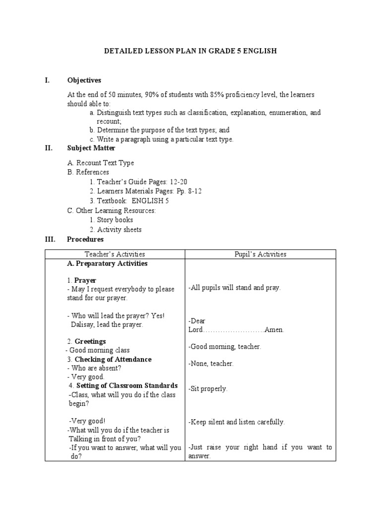 GRADE 5 DETAILED ENGLISH LESSON | PDF | Teachers | Lesson Plan