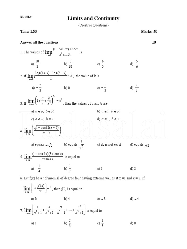 Creative Questions on Limits and Continuity | PDF | Function (Mathematics) | Trigonometric Functions