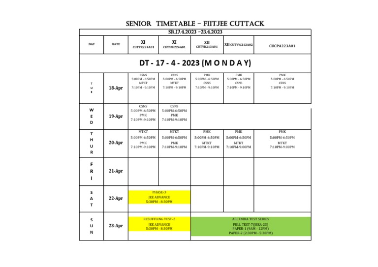 DT - 17 - 4 - 2023 (M O N D A Y) : Senior Timetable - Fiitjee Cuttack | PDF