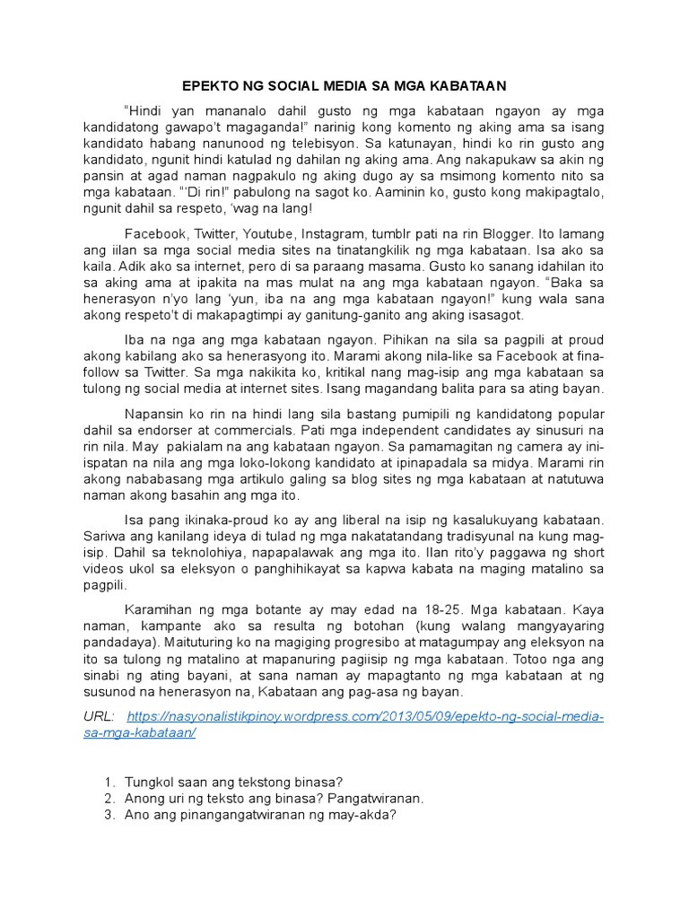 EPEKTO NG SOCIAL MEDIA SA MGA KABATAAN | PDF