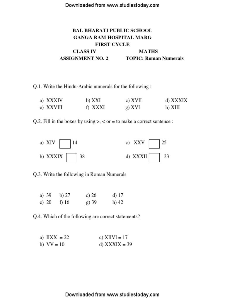 Roman Numerals Assignment for Class IV | PDF