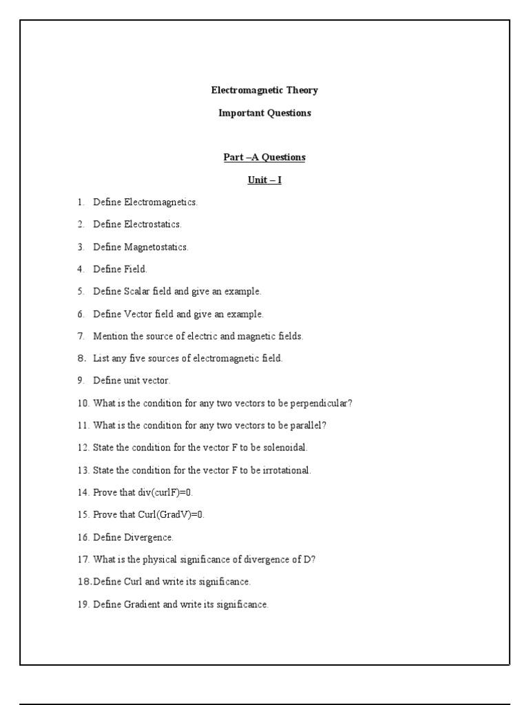 Electromagnetic Theory: Key Concepts & Questions | PDF | Field (Physics ...