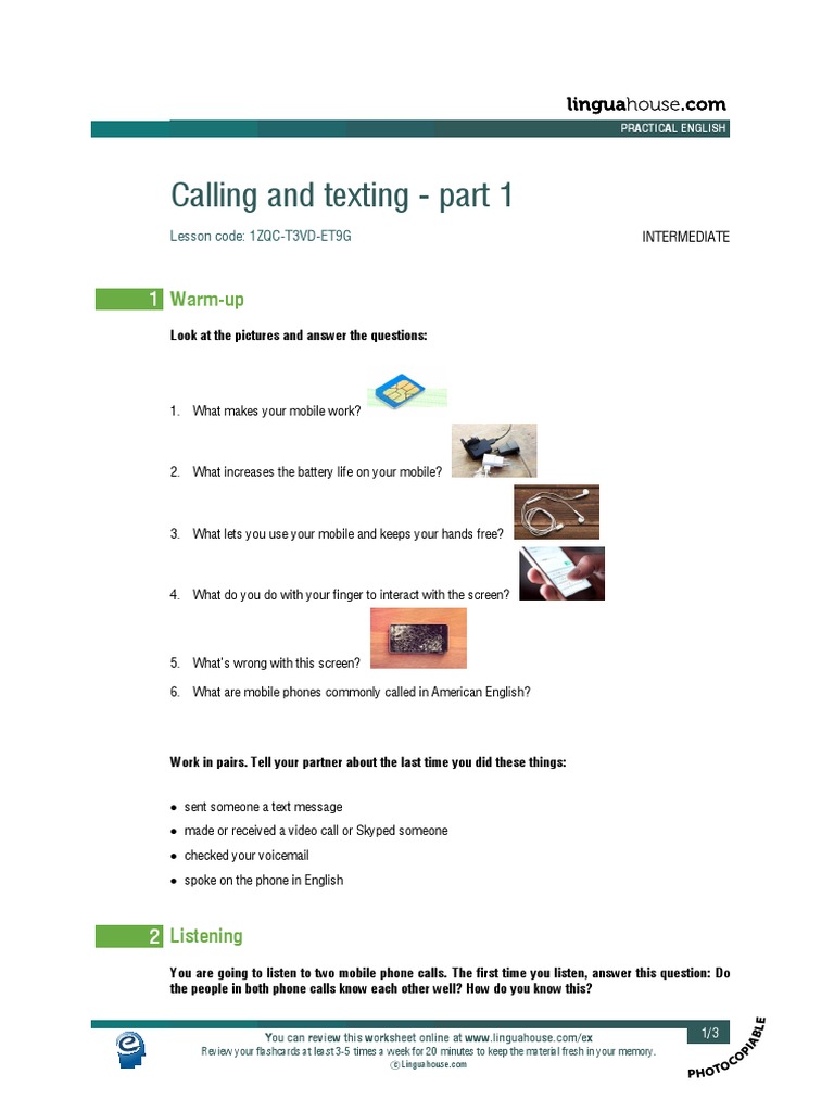 Calling and Texting Part 1 British English Intermediate b1 b2 Group | PDF