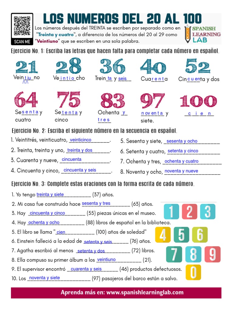 Números del 20 al 100 en Español | PDF | Métodos y materiales de ...
