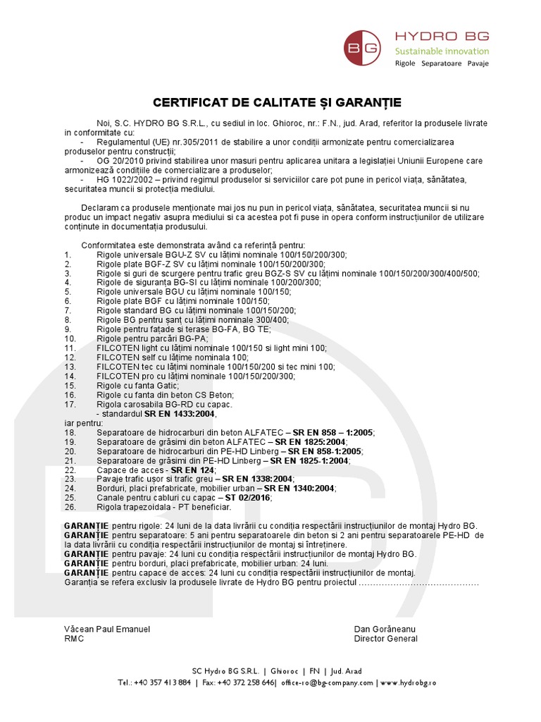 CERTIFICAT DE CALITATE SI GARANTIE 2018 | PDF
