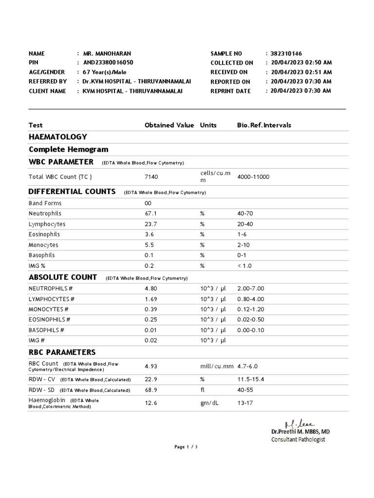 Haematology Complete Hemogram WBC Parameter: Test Obtained Value Units ...