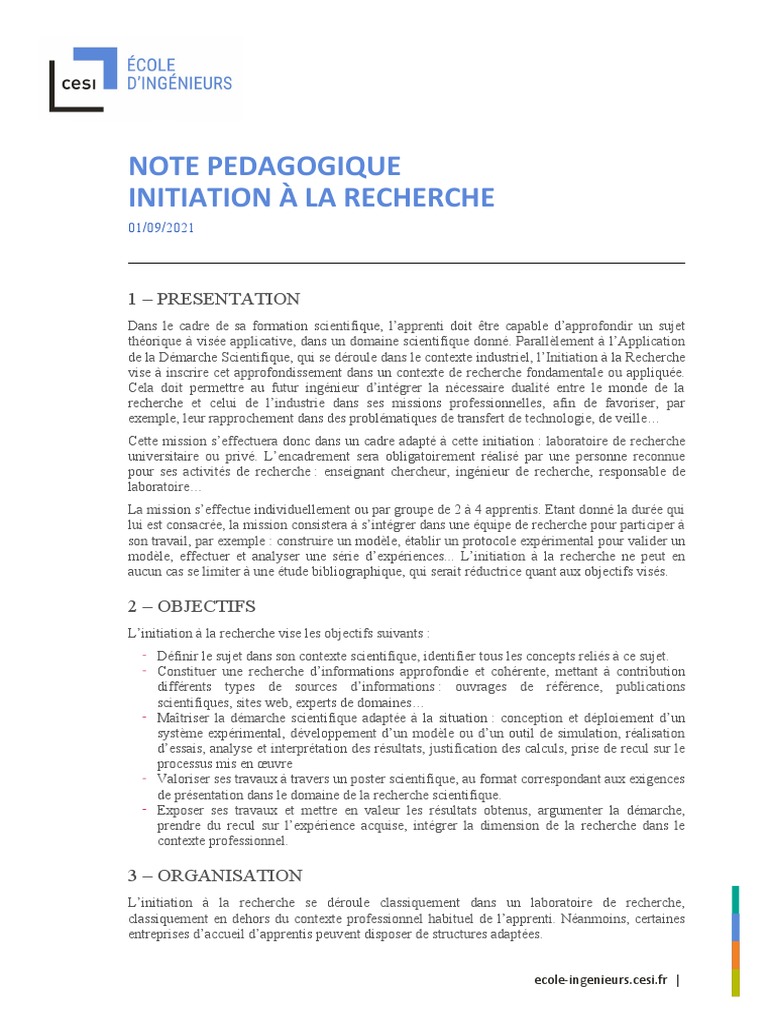INITIATION RECHERCHE - Note Pédagogique | PDF