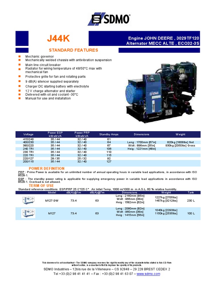 SDMO J44K Generator Specifications | PDF