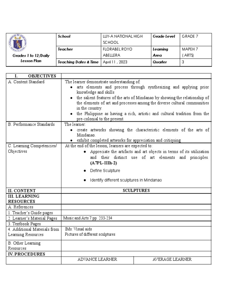 Grade 7 MAPEH Lesson Plan: Mindanao Sculptures | PDF