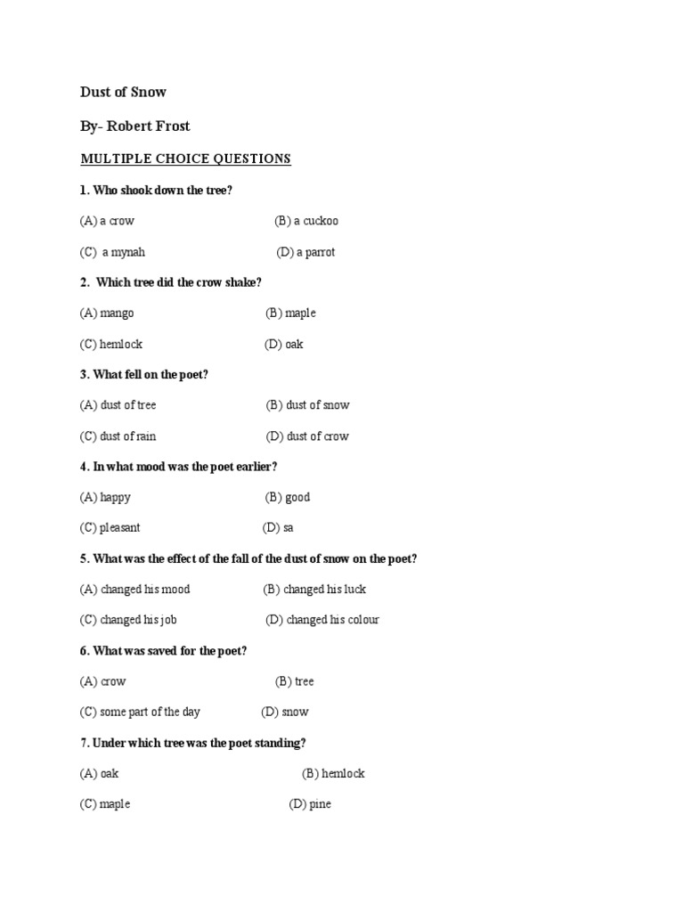 Dust of Snow MCQs | PDF