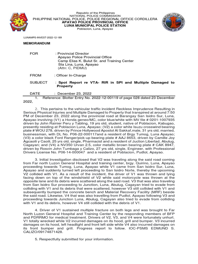 0-Spot Report Re Vta - Rir in Spi and Multiple Damaged To Property ...
