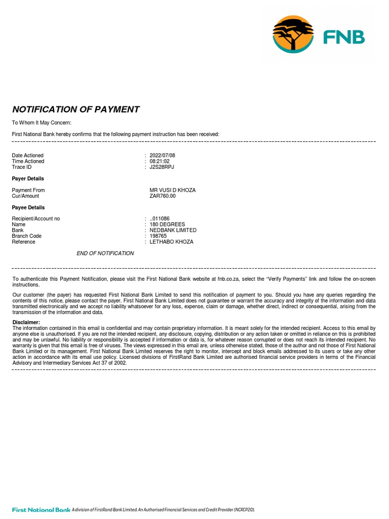 Nedbank Payment Notification Confirmation | PDF | Finance & Money Management