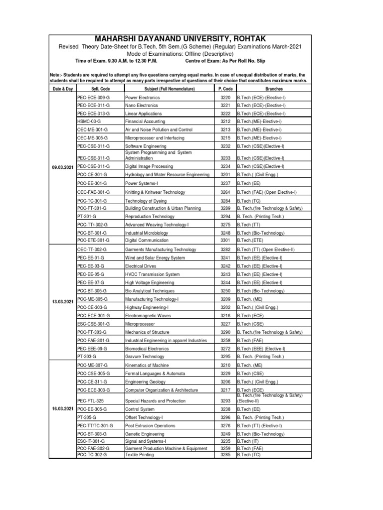 4 - 03-01-2021 - 17-36-38 - Revised Date Sheet, B.Tech 5th Sem (G Scheme) March-2021 | PDF