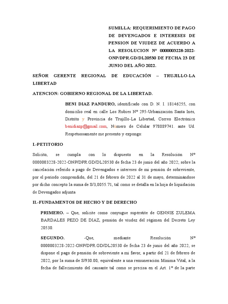 Solicitud de Pago de Devengados e Interese S de Pensuion de Viudez ...