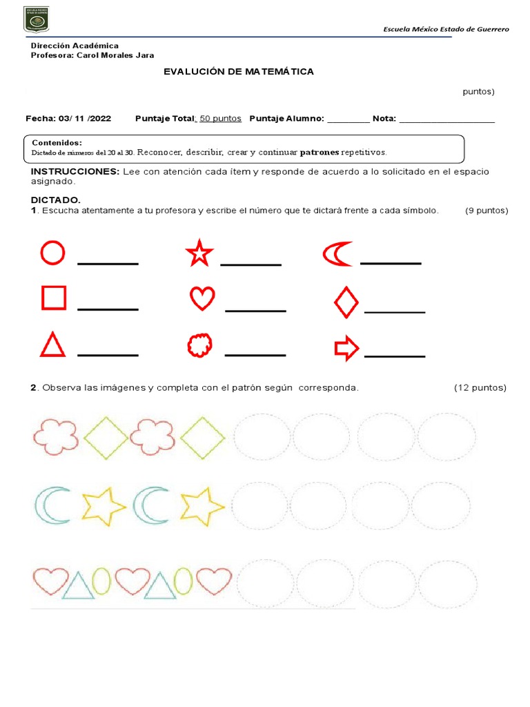 Prueba de Matematica Patrones | PDF