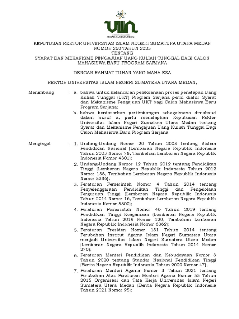KR 260 Syarat Dan Mekanisme Pengajuan UKT Bagi Calon Mahasiswa Baru Program Sarjana - Akademik | PDF
