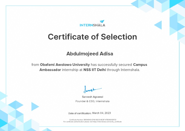 Abdulmojeed Adisa Hired Certificate | PDF