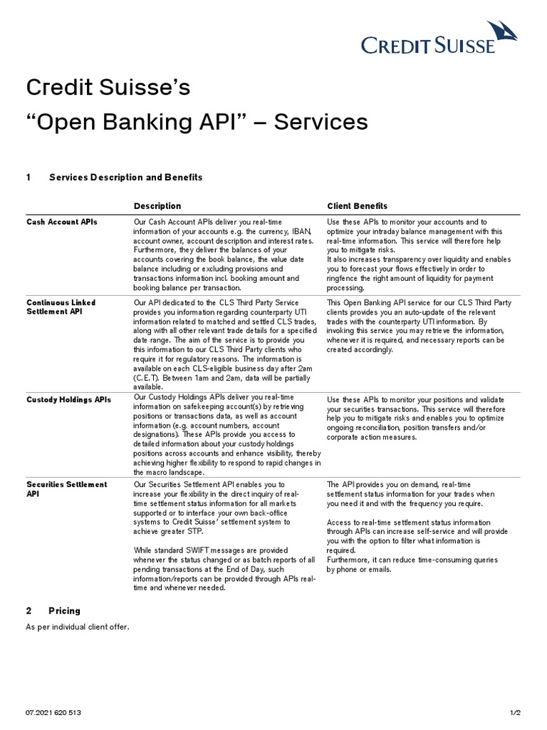 Open Banking Api Service Factsheet | PDF | Information | Credit Suisse
