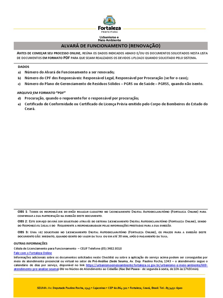 Checklist - Alvará de Funcionamento (Renovação) | PDF