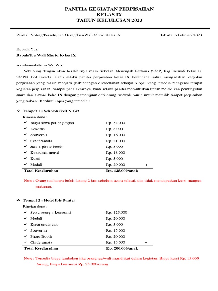 Surat Voting Tempat Perpisahan | PDF