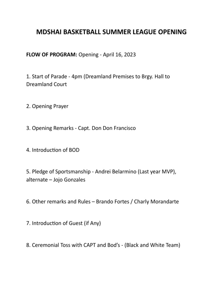 Mdshai Basketball Summer League Opening: FLOW OF PROGRAM: Opening ...