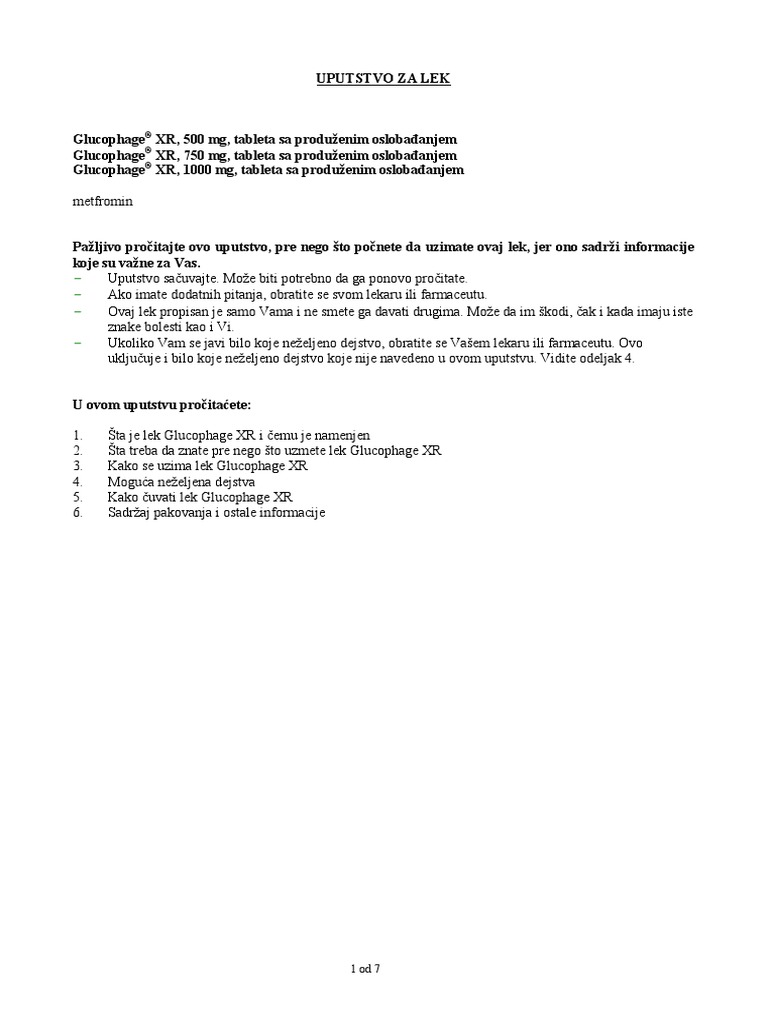 Uputstvo Za Lek Glucophage XR | PDF