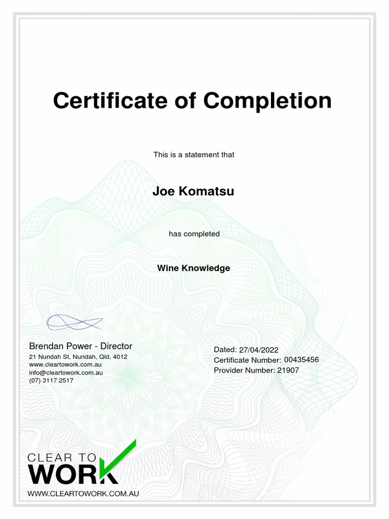 Wine Knowledge Certificate Completion | PDF