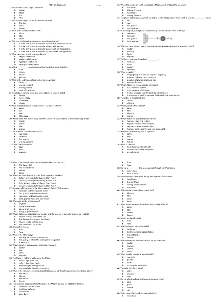 Moon Phases Test | PDF | Planets | Solar System