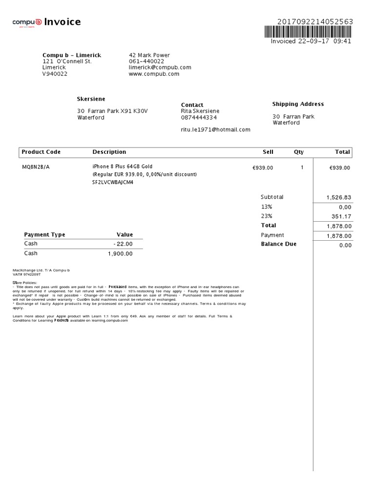 Invoice: 121 O'Connell St. Limerick V940022 42 Mark Power 061-440022 | PDF