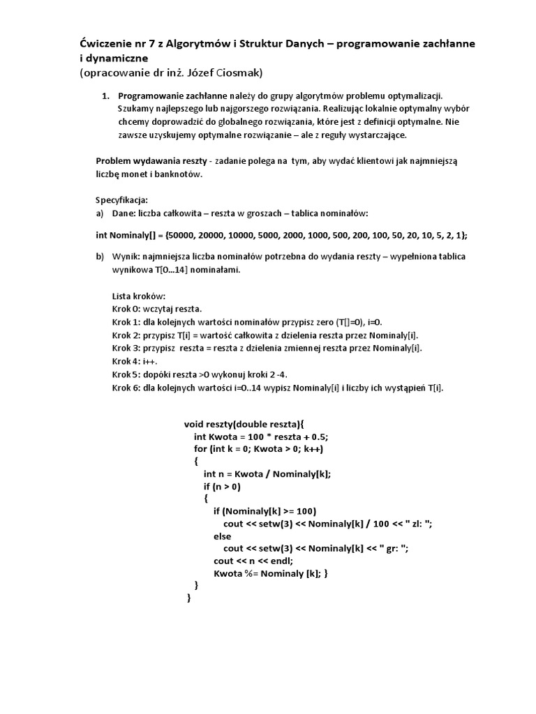 Ćwiczenie NR 7 Z Algorytmów I Struktur Danych Stacjonarne | PDF