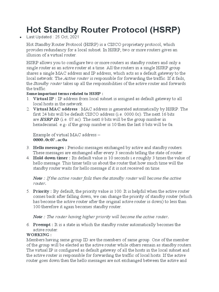 Hot Standby Router Protocol (HSRP) : Last Updated: 25 Oct, 2021 | PDF | Router (Computing ...
