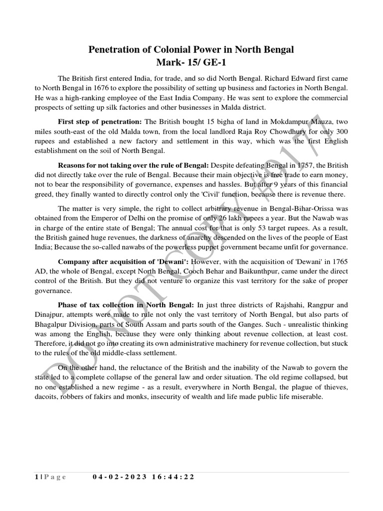 Penetration of Colonial Power in North Bengal | PDF