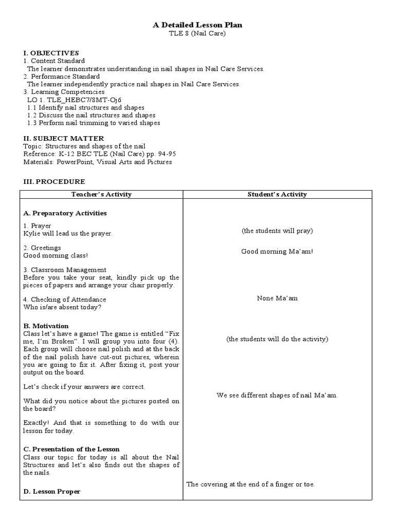Beauty Care Detailed Lesson Plan | PDF | Nail (Anatomy) | Learning