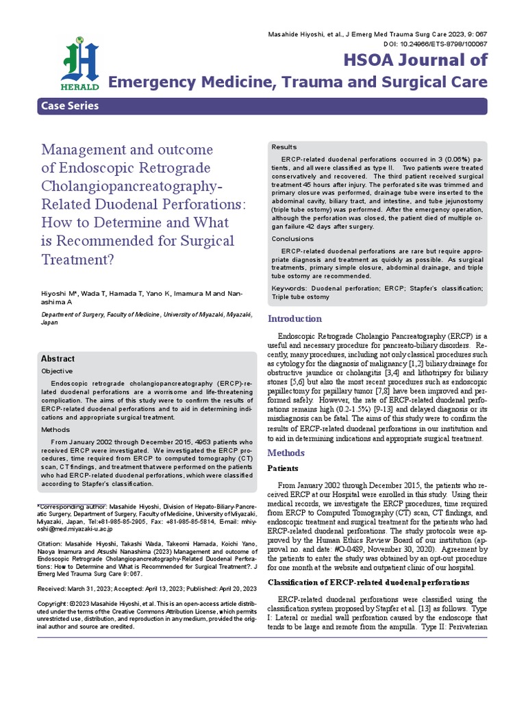 Management and Outcome of Endoscopic Retrograde ...