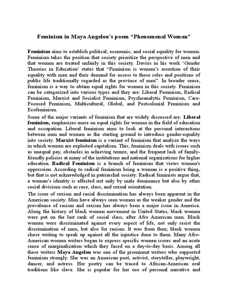 Feminist Analysis of The Poem - Phenomenal Woman | PDF | Gender Studies ...