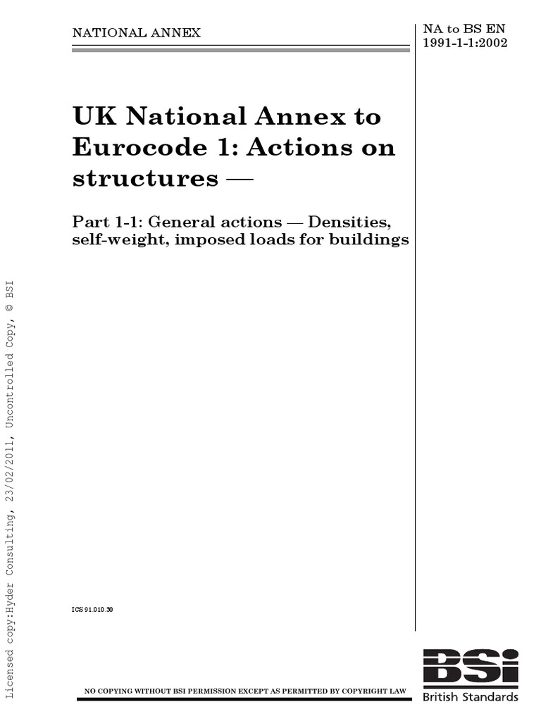 BS EN 1991-1-1 NA Actions On Structures - General Actions - Densities, Self-Weight, Imposed ...