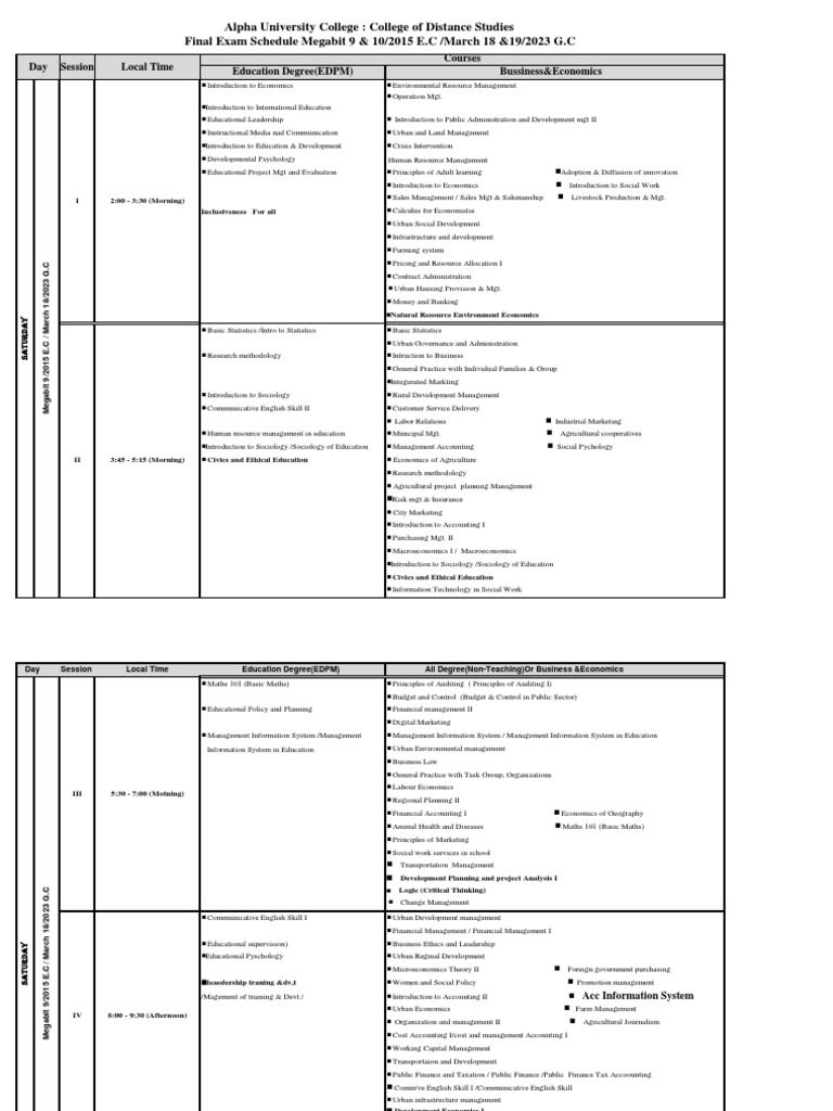 Alpha University College Final Exam Schedule March 18-19 | PDF ...
