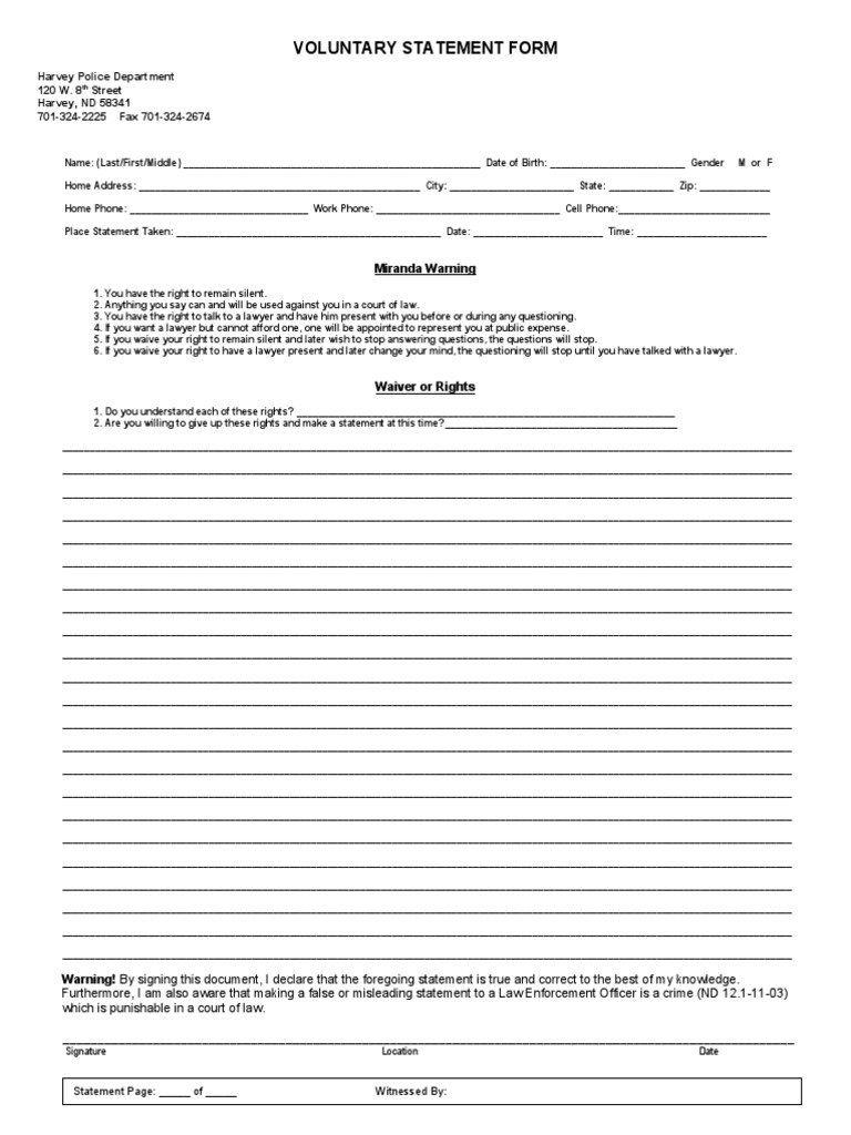 Voluntary Statement Form | PDF | Miranda Warning | Legal Action