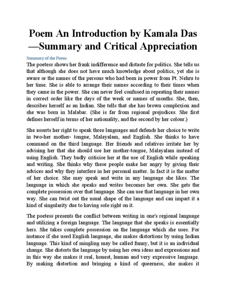 Poem An Introduction by Kamala - PC | PDF | Love | Woman