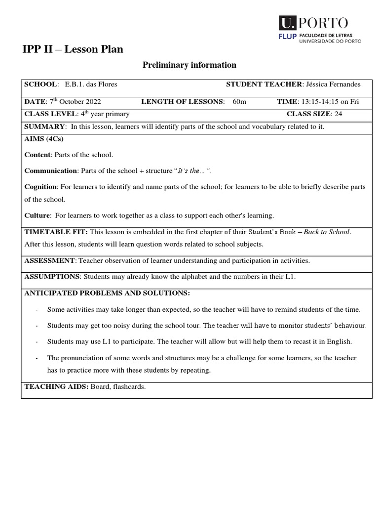 Lesson Plan - Parts of The School (4º Ano) | PDF | Learning | Teachers