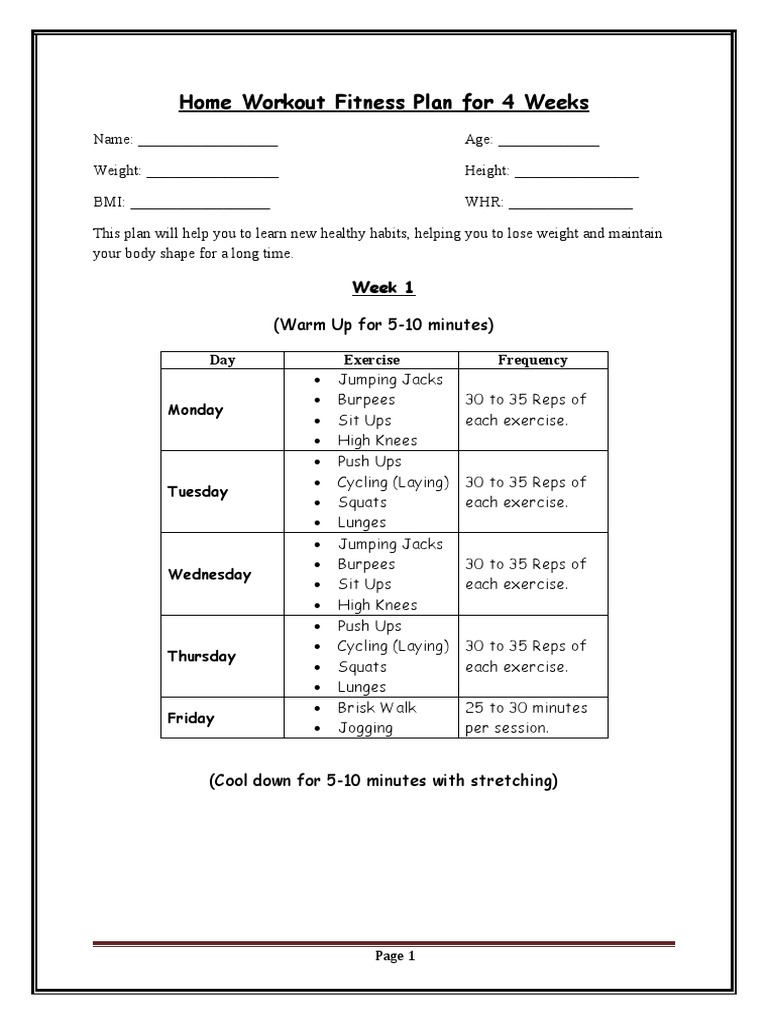 4-Week Home Workout Plan | PDF | Management Of Obesity | Physical Fitness