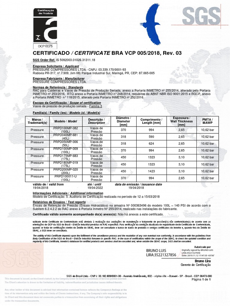 Certificado - Inmetro - Reservatório | PDF | Administração pública | Brasil