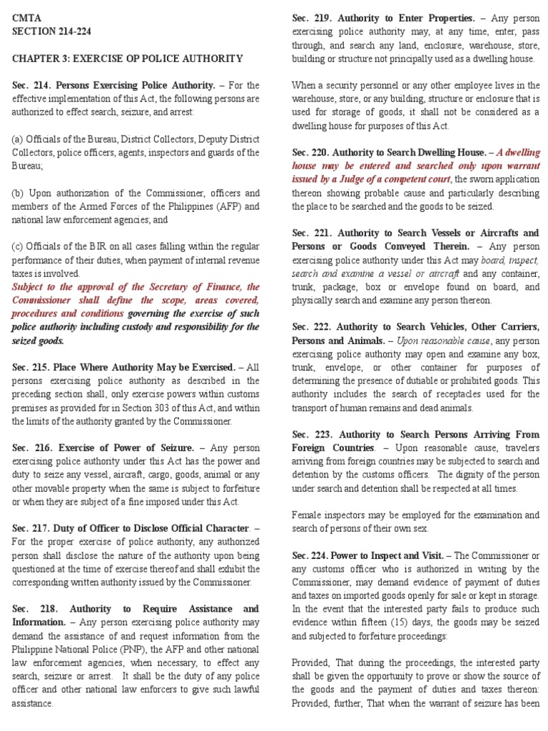 CMTA Sec. 219-224: Police authority to search properties, vessels ...