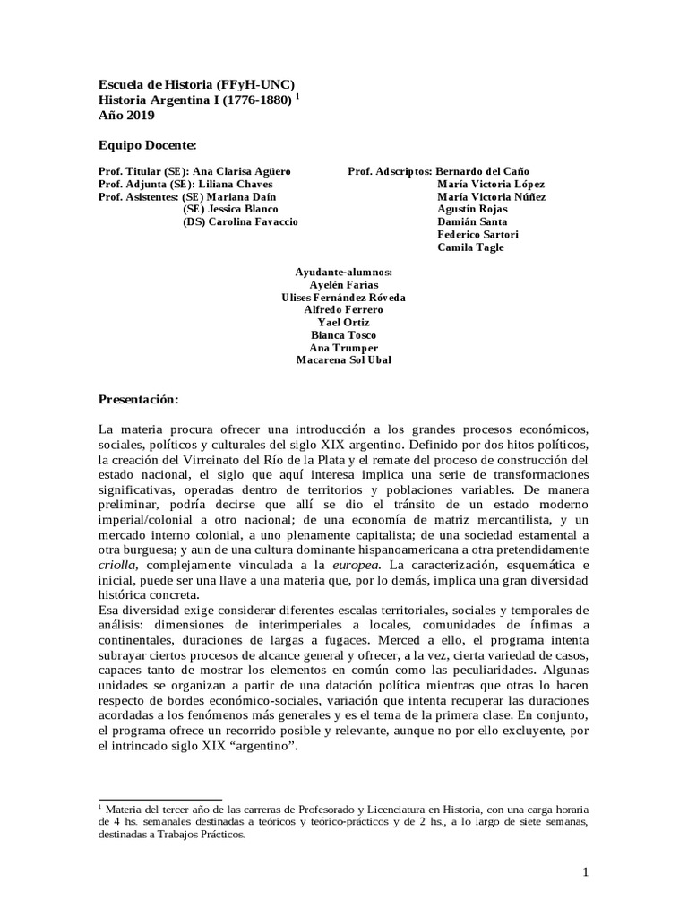 Programa Historia Argentina I-2019 | PDF