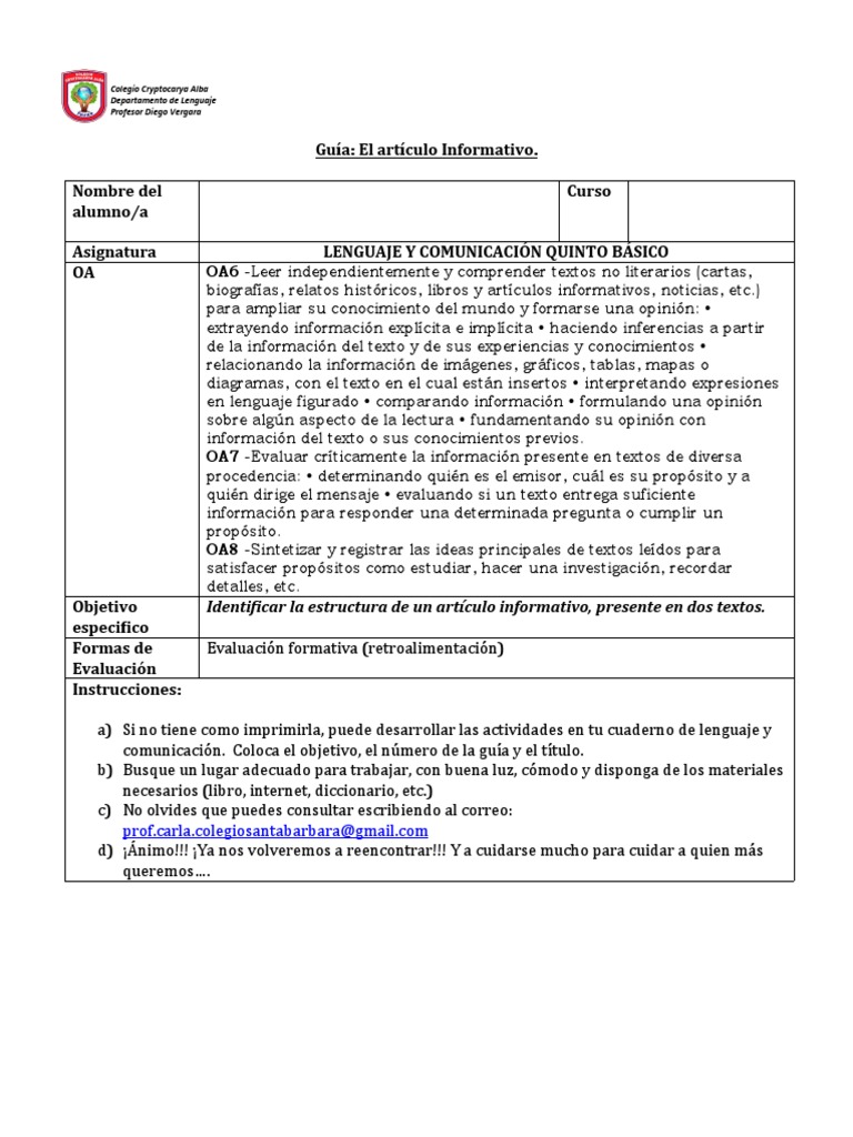 5° Lenguaje Guía ARTICULO INFORMATIVO | PDF