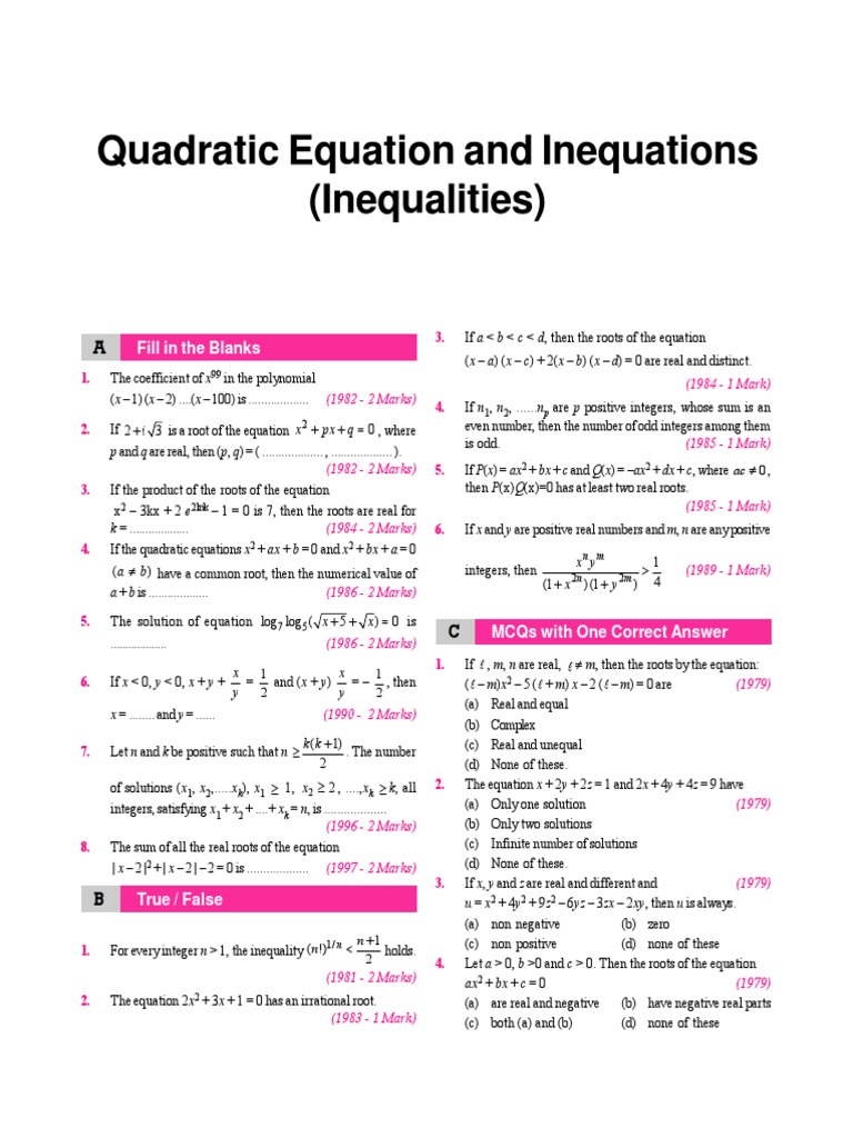 Quadratic Equation - JEE Advanced Previous Year Questions | PDF | Quadratic Equation | Equations