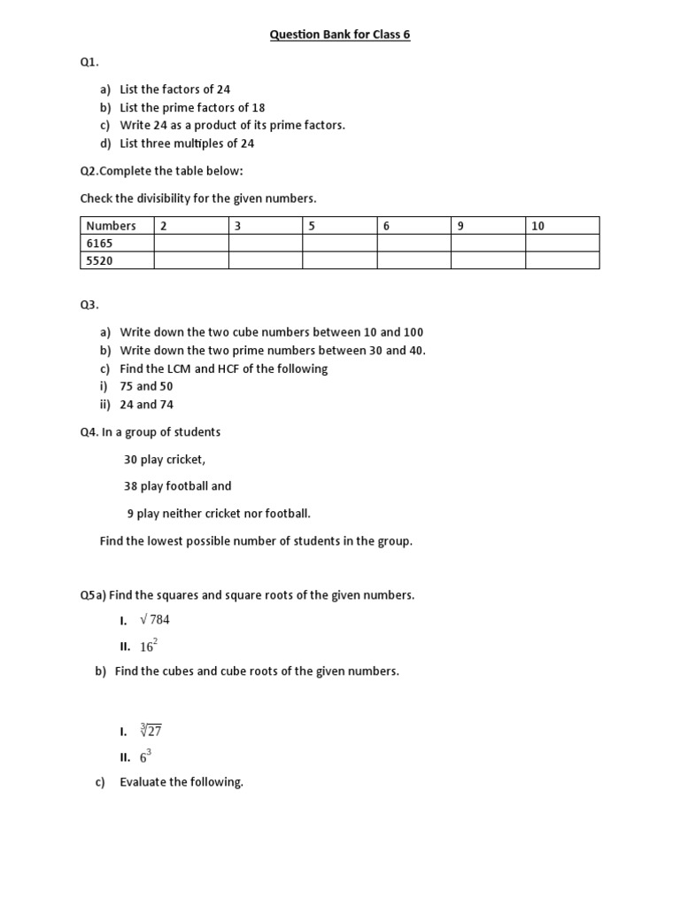 Math - Class 6 - Question Bank 05122018 | PDF | Significant Figures | Mean
