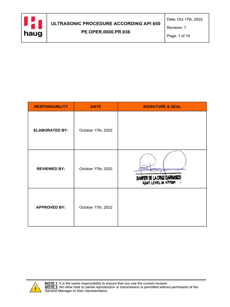 PE - OPER.0000.PR.036 Ultrasonic Procedure API 650 | PDF | Ultrasound | Welding